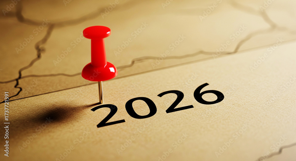 New Year 2026 Red pushpin marks the year 2026 on a faded map indicating ...