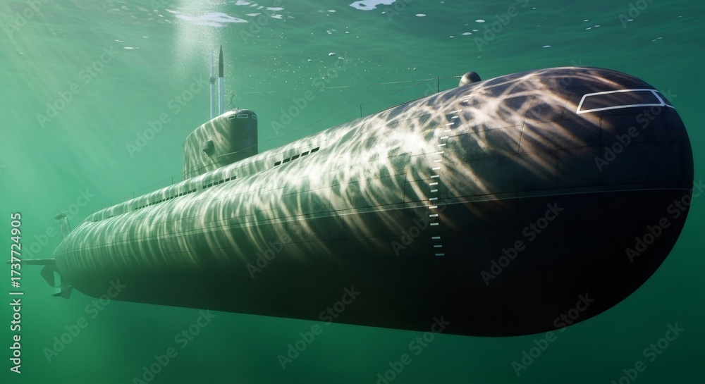 Military submarine underwater with periscope above water. Naval warfare ...