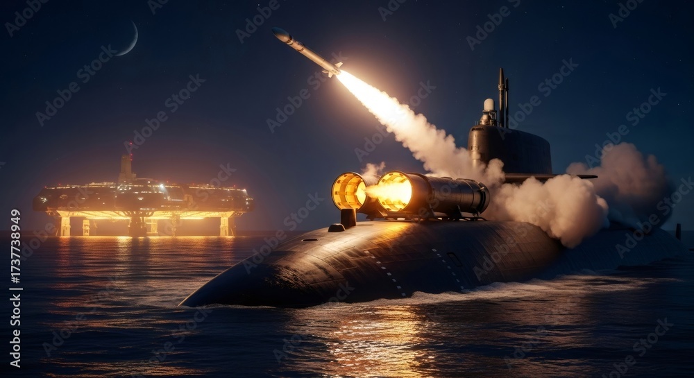 Submarine launching missile at night in a sea battle. Military conflict ...