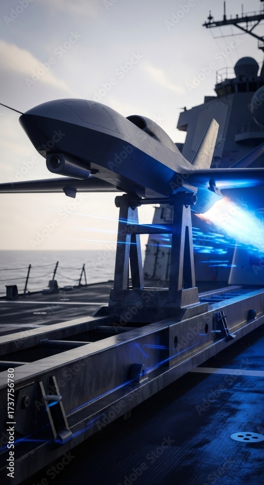 Advanced unmanned aerial vehicle launching from a navy ship. Modern ...