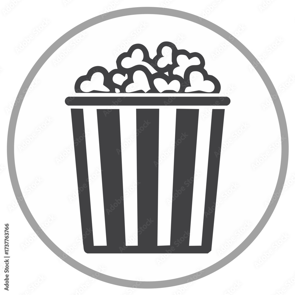 Simple illustration of a striped popcorn box overflowing with popcorn ...