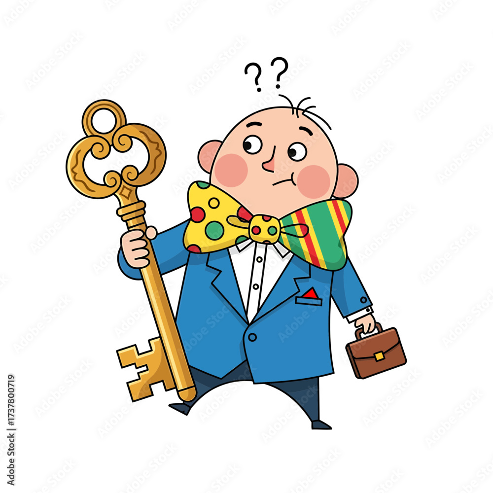Cartoon man in blue suit with large key and question marks above head ...