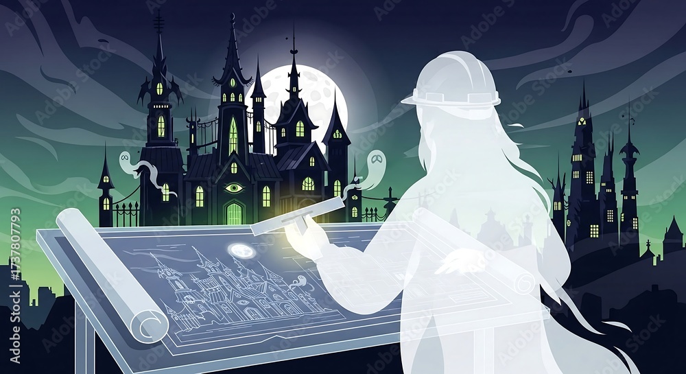 transparent ghost architect drafting blueprints for a haunted gothic ...