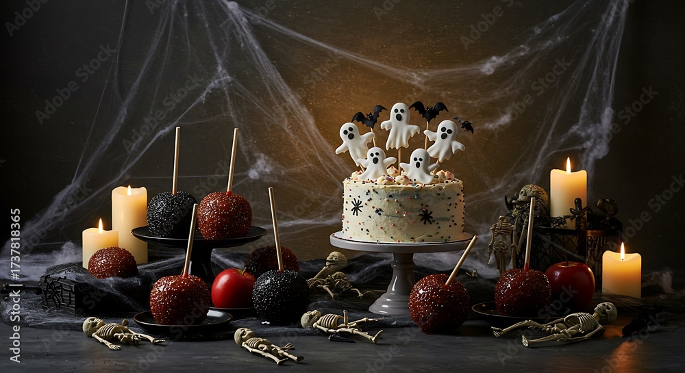 Spooky Halloween Dessert Table: Cake, Candy Apples, and Ghostly ...