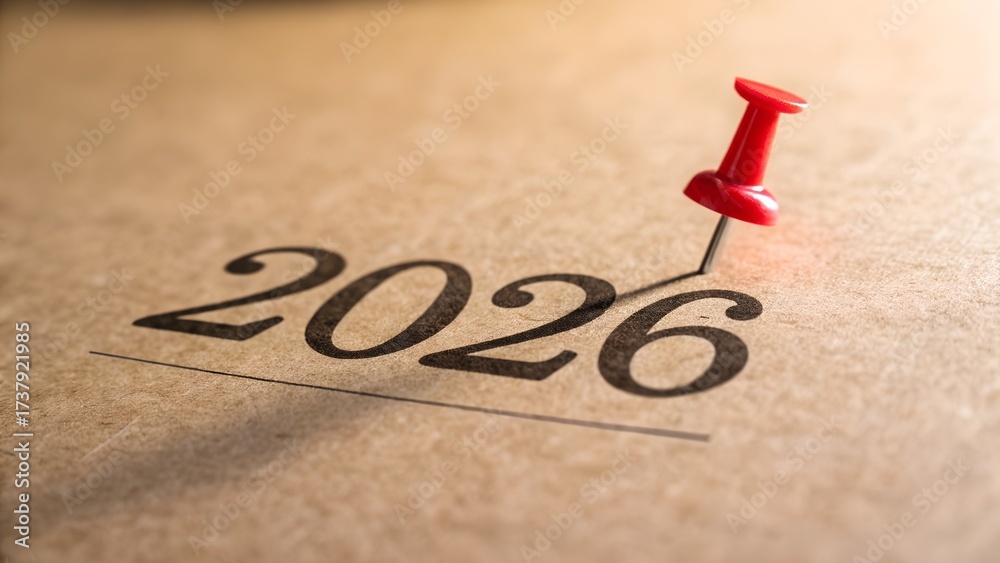 Red pin marks year 2026 on brown paper. Stock Photo | Adobe Stock