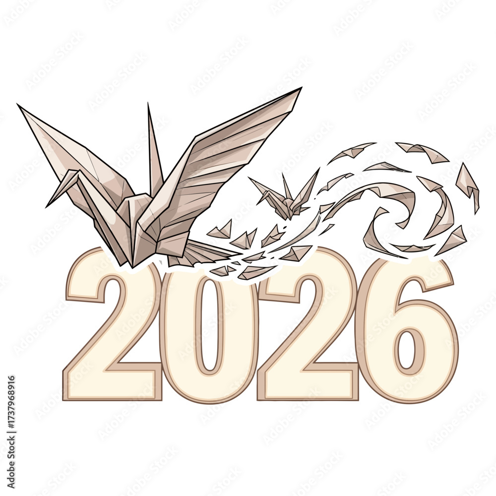 Origami paper cranes fly above the year 2026 with smaller cranes and ...