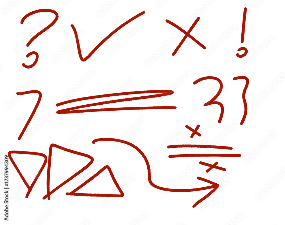 Collection of handdrawn red marks and symbols including a question mark ...