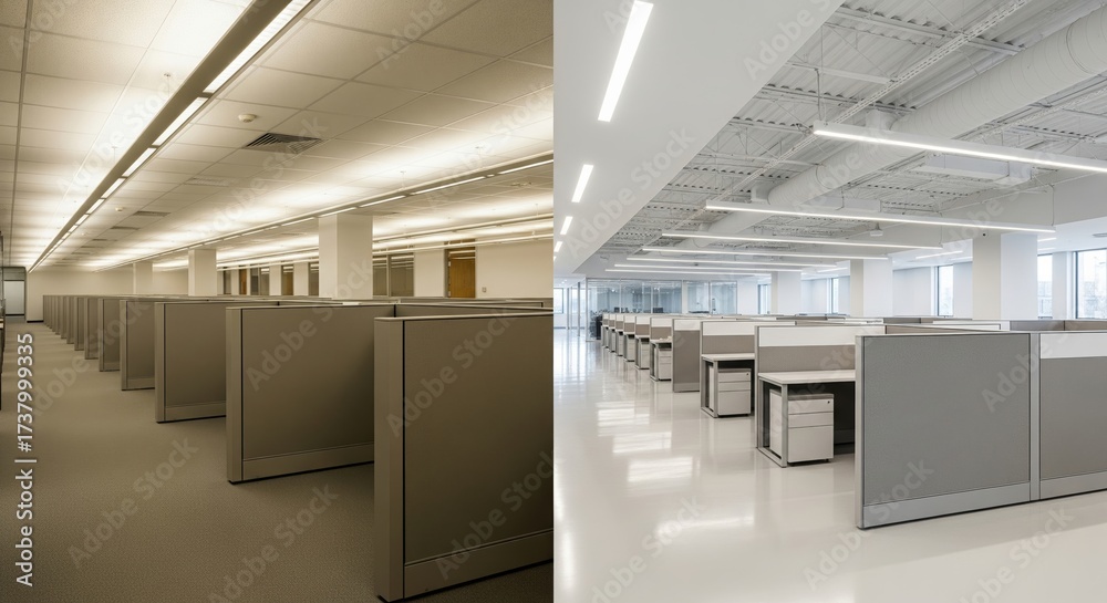 Outdated vs modern corporate cubicle office Stock Photo | Adobe Stock