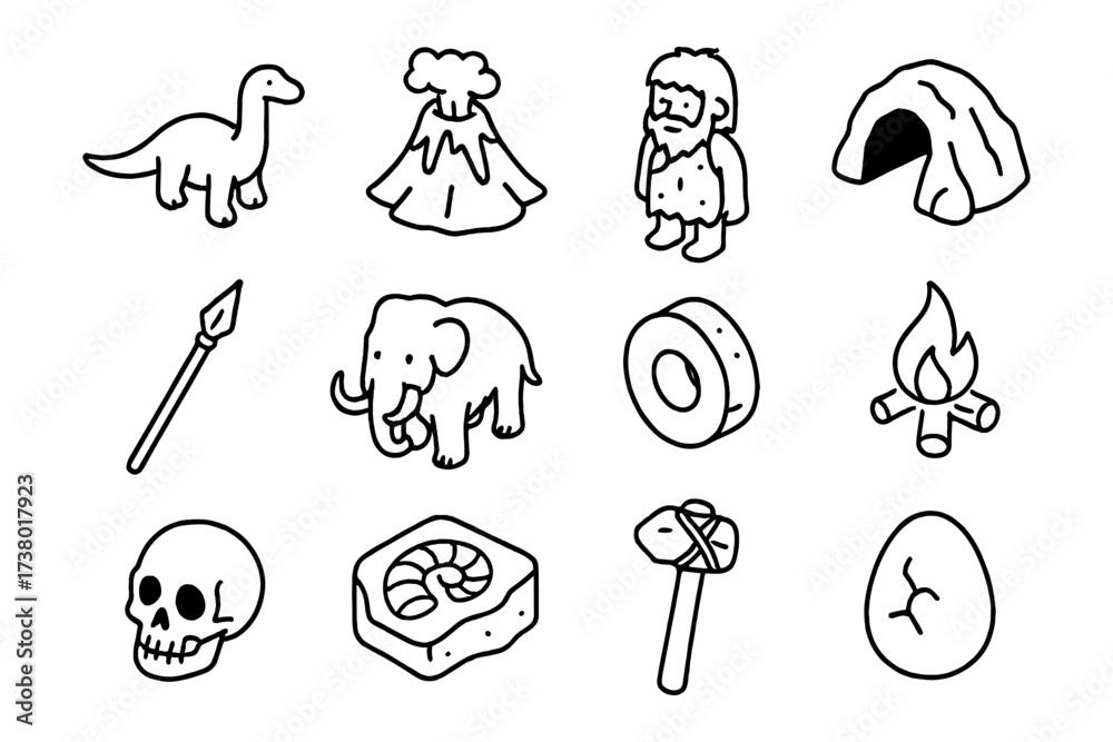 Caveman era icons: prehistoric symbols including dinosaurs, mammoths ...