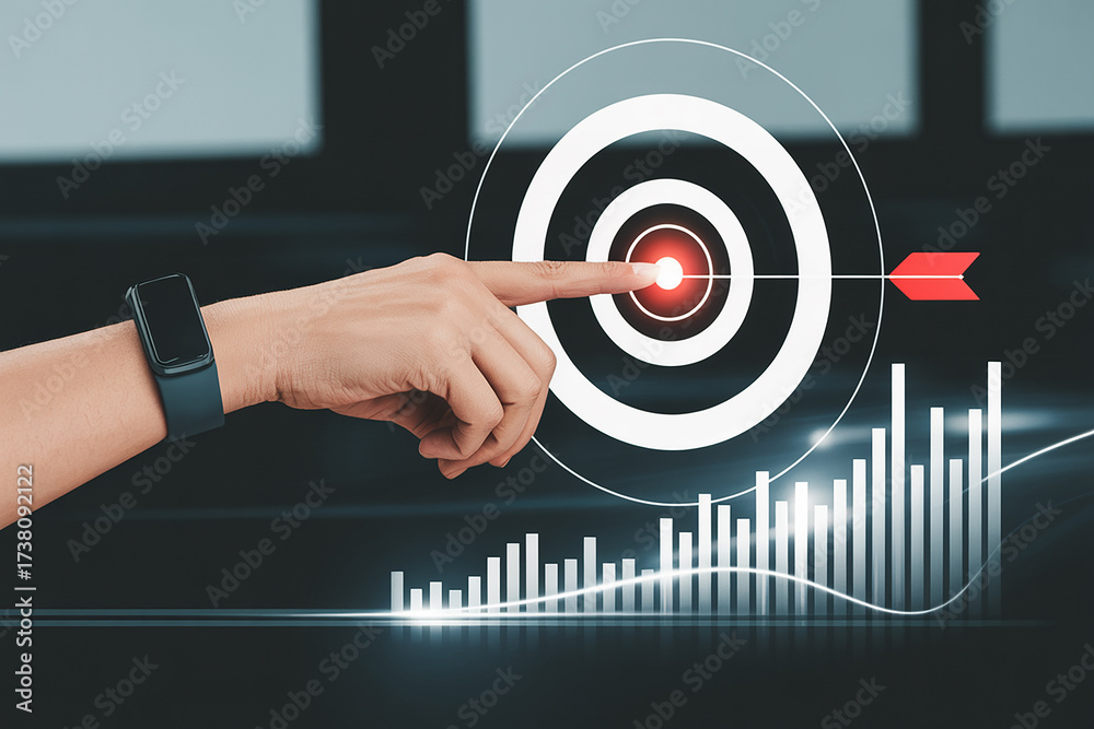 Hand points to bullseye on digital target with financial growth chart ...