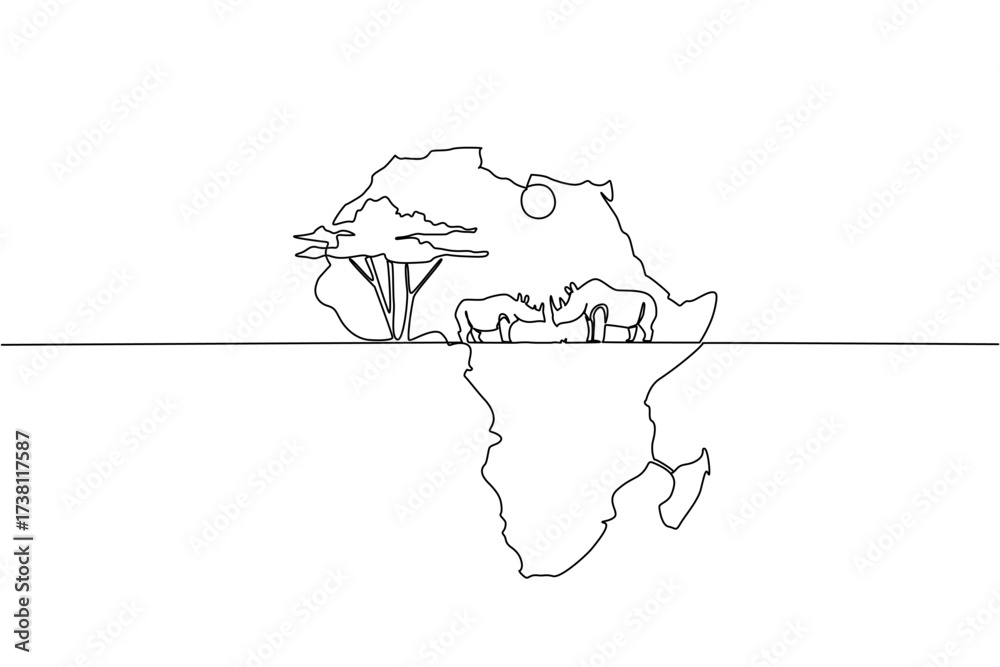Continuous one line drawing African continent with central part ...