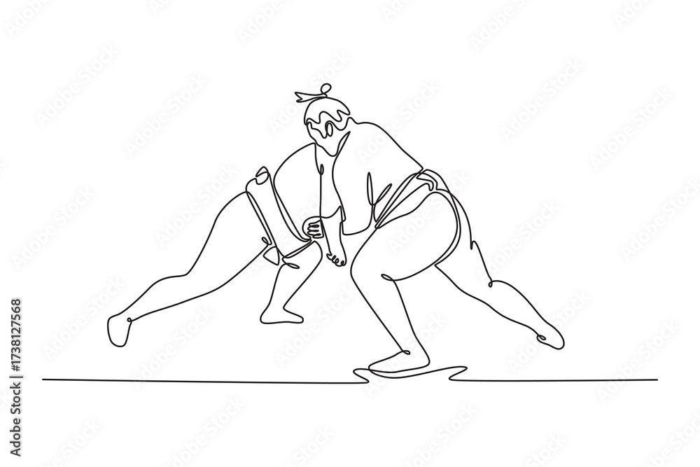Continuous one line drawing two massive Sumo wrestlers locked in a low ...