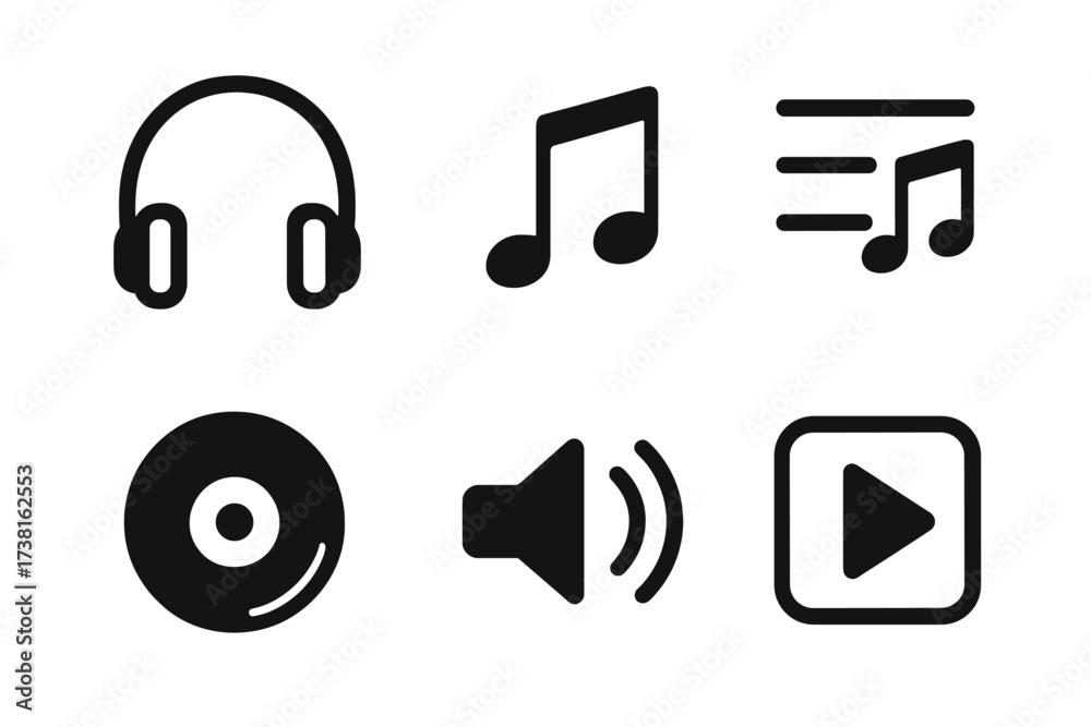 Vector music icon set. Black minimalist glyphs for audio player UI ...