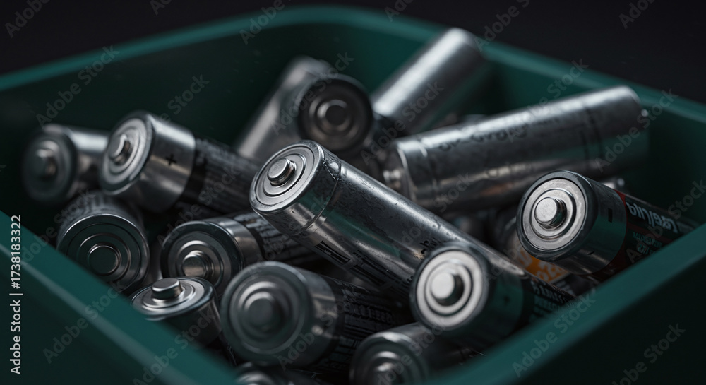A large pile of used alkaline batteries are collected as hazardous ...