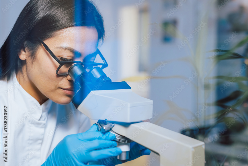 Female lab technician observing a blood sample under the microscope ...