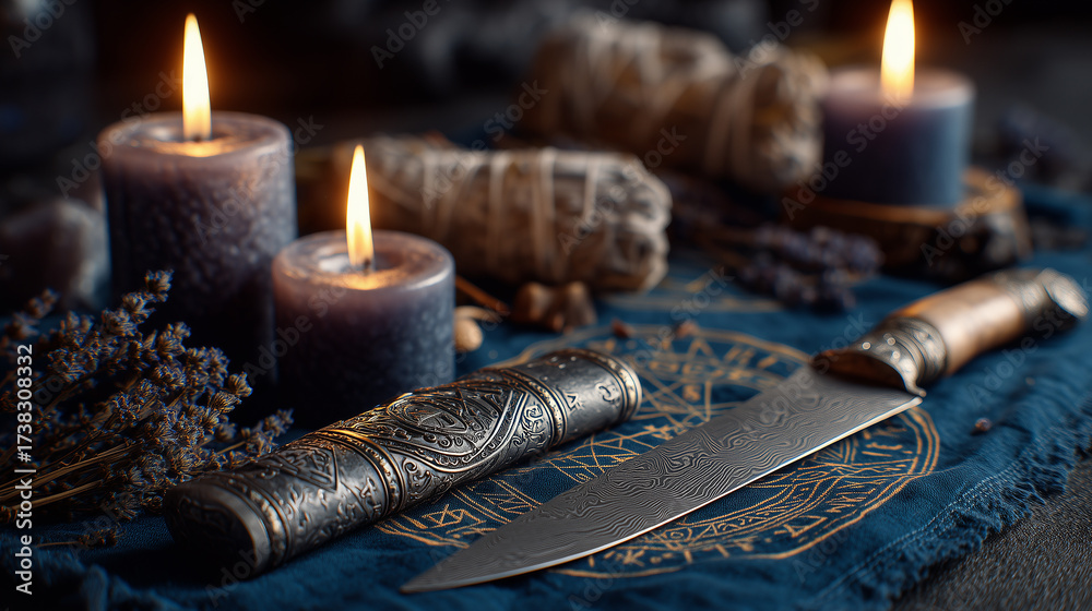 Mystical ritual setup with ornate ceremonial dagger, burning candles ...