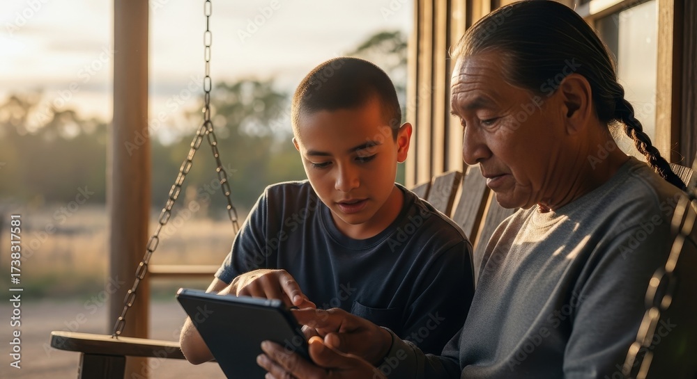 native american grandson teaches his grandfather how to use tablet on ...