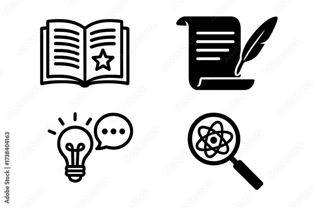 Vector icon set for knowledge, research, and storytelling. Symbols for ...