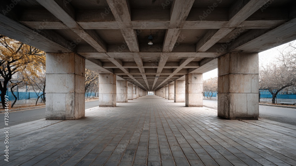 An architectural shot under a bridge revealing rows of concrete pillars ...