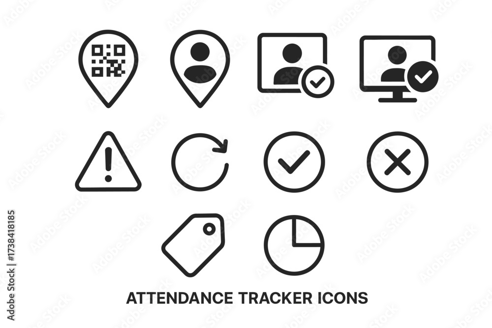 Attendance tracker icons: qr code, location, profile, alert, checkmark ...