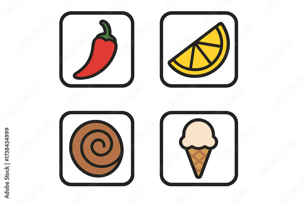 Vector de Stock Four food tastes icon set. Vector symbols for spicy ...