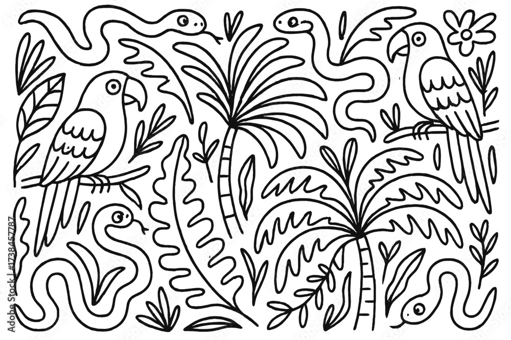 Image vectorielle Stock Quirky Jungle Line Art. Quirky jungle line art ...
