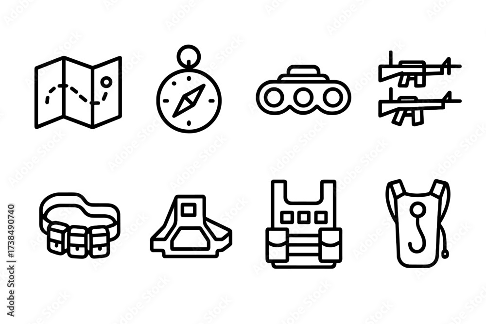 Infantry Gear Icons. Outline icon set of infantry vehicle tactical gear ...