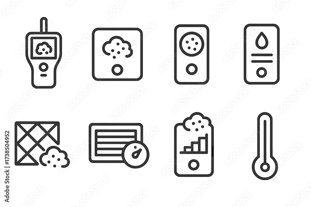 Dust Monitoring Icons. Outline icon set of dust measurement and ...