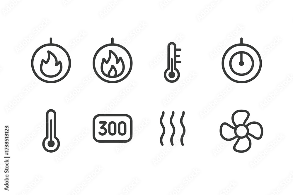 Oven Temperature Icons. Outline icon set of oven temperature indicators ...
