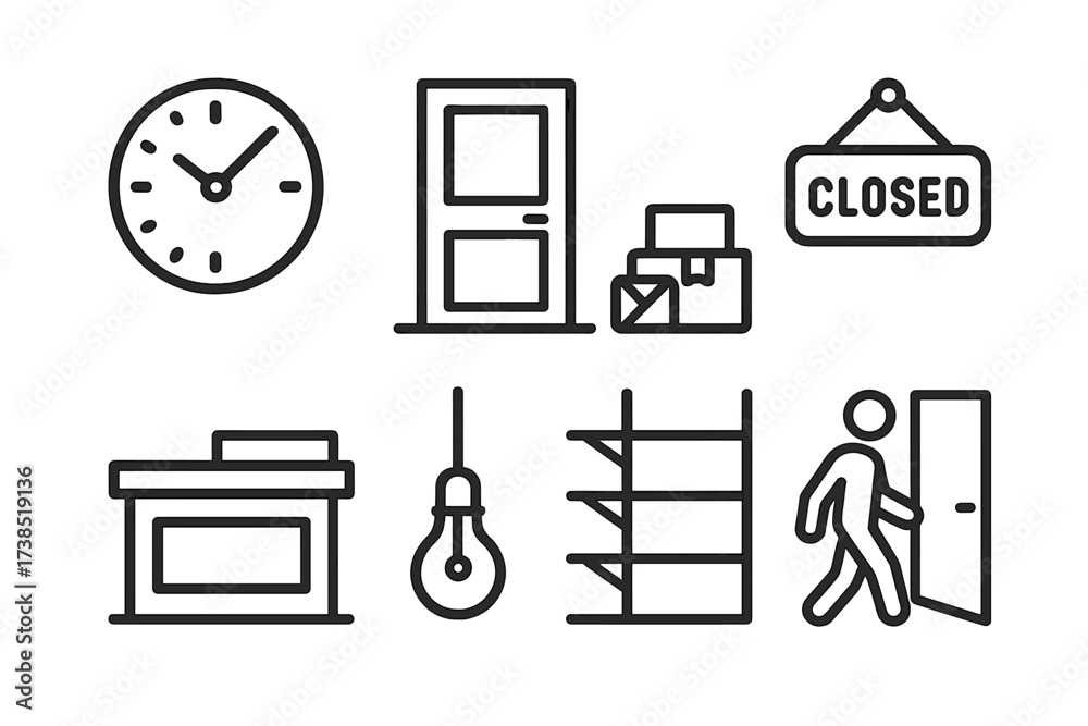 Shop Closing Icons. Outline icon set of shop closing time: clock with ...