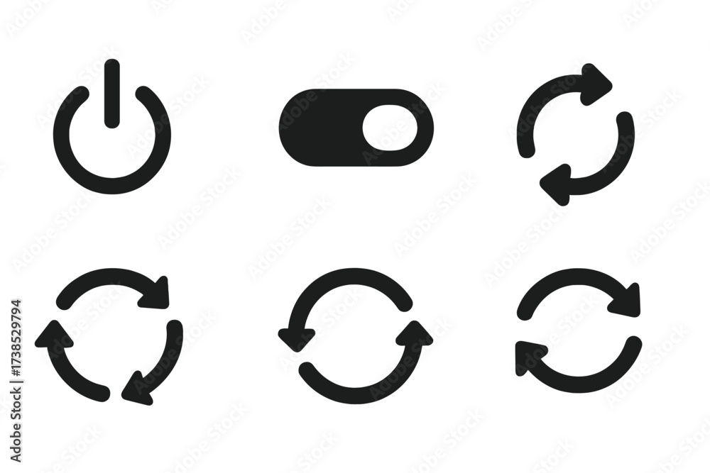 Restart Control Icons. Solid, filled icon set of restart control: power ...