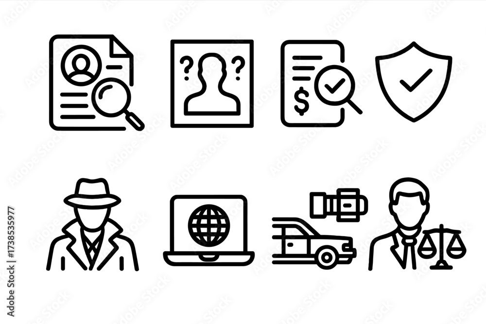 Detective Services Icons. Outline icon set of detective agency services ...