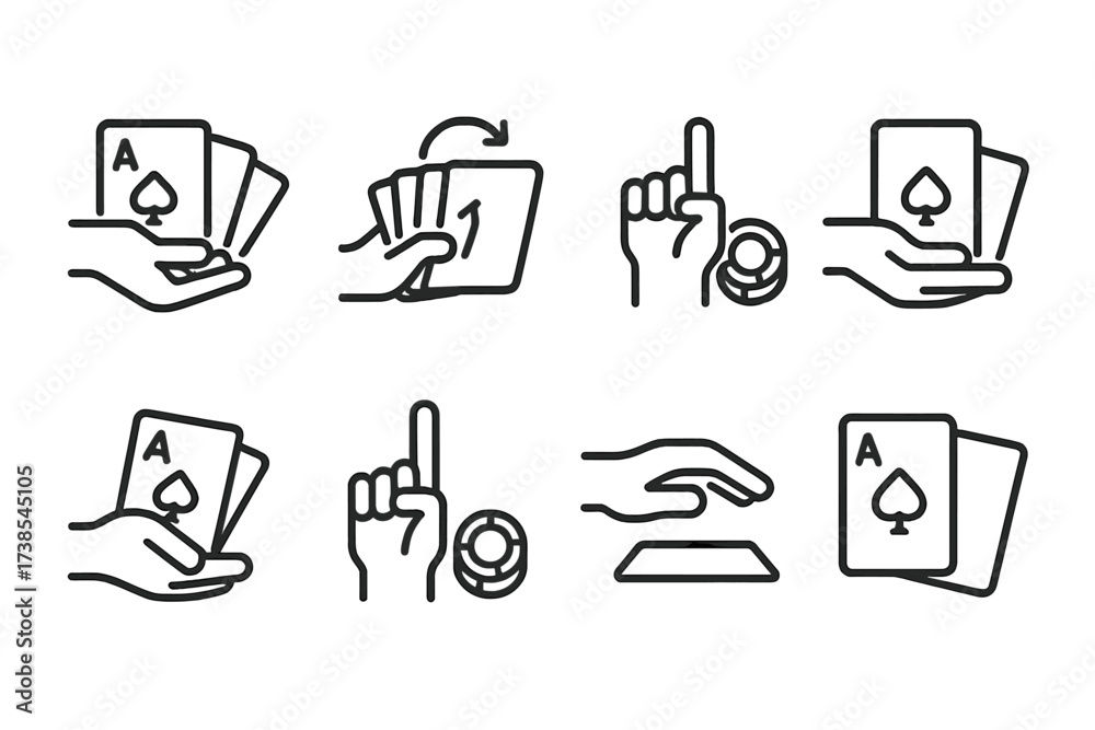 Ace Card Game Icons. Outline icon set of ace card game actions: deal ...