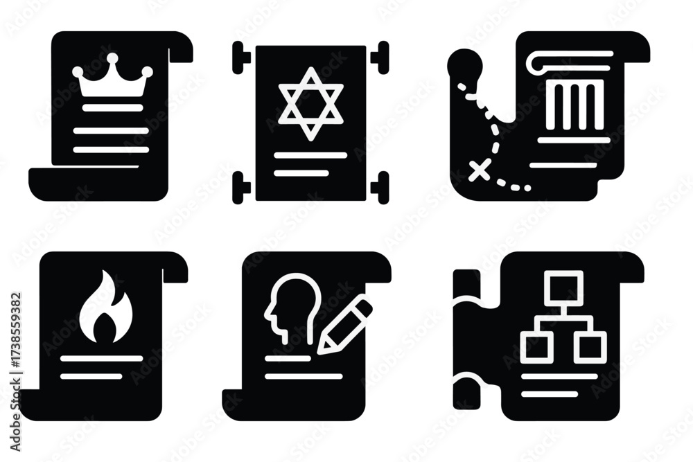 Iconic Scroll Collection. Solid, filled icon set of parchment scroll ...