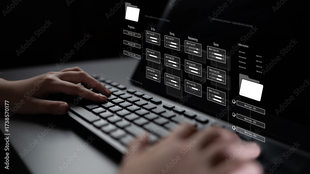 ภาพถ่าย Stock Project management system showing workflow stages, task ...