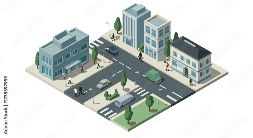 Isometric city block with buildings and streets in urban neighborhood ...
