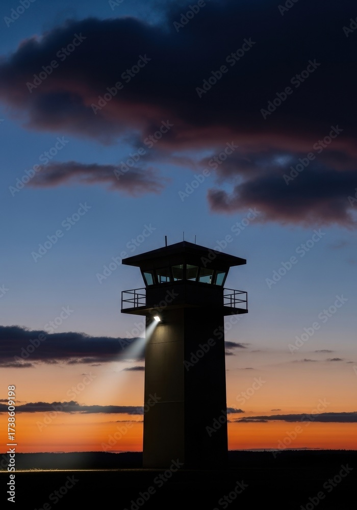 Prison guard tower with spotlight shining onto ground at sunset ...