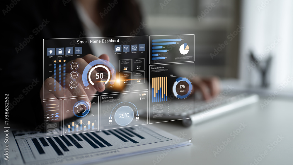 Smart home dashboard manages IoT system. Smart home dashboard controls ...
