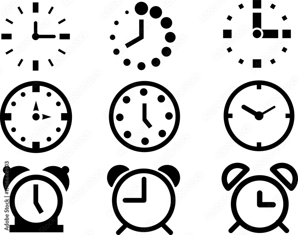 Nine Clock Icons And Illustrations Represent Time, Timeliness, Alarms ...