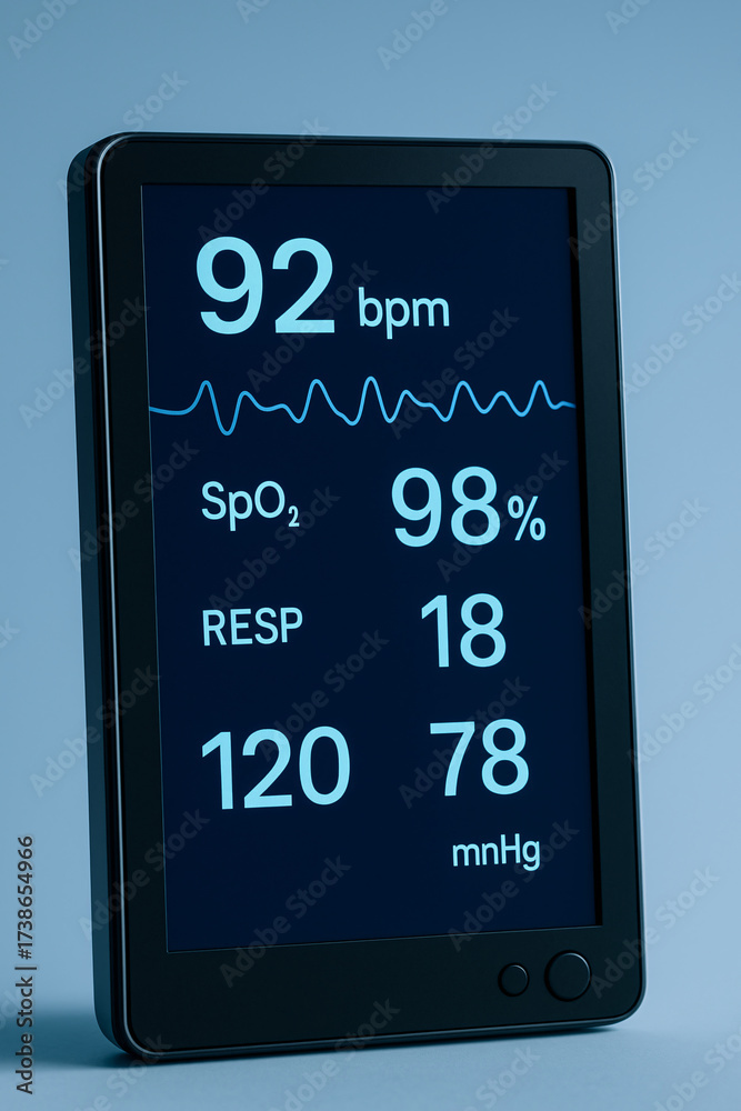 Modern medical monitor shows vital signs with heart rate and oxygen ...