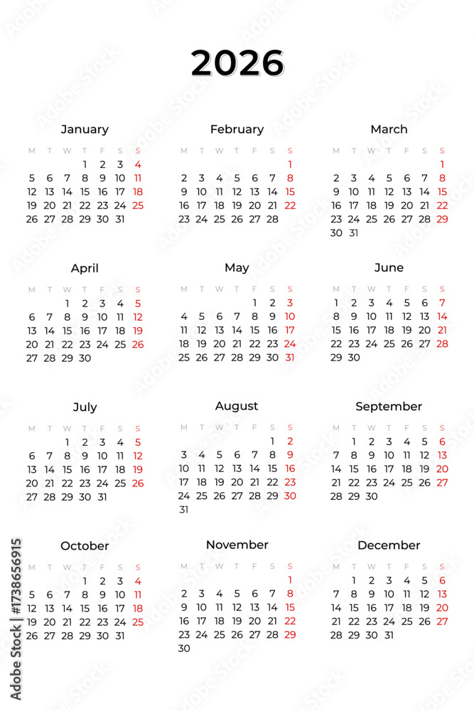 2026 full Year Calendar vertical grid layout. Printable calendar ...