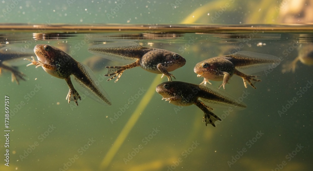 Four tadpoles in various stages of metamorphosis, swimming in murky ...