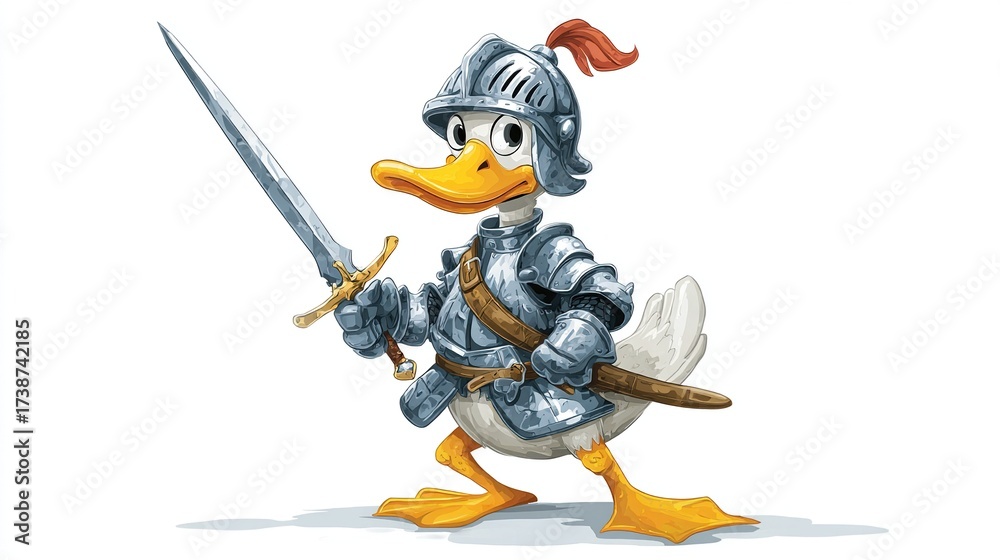 Cartoon duck character dressed in shining armor, holding a sword with a ...