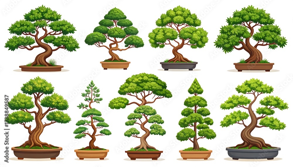 Twelve distinct bonsai trees in various shapes and sizes are showcased ...