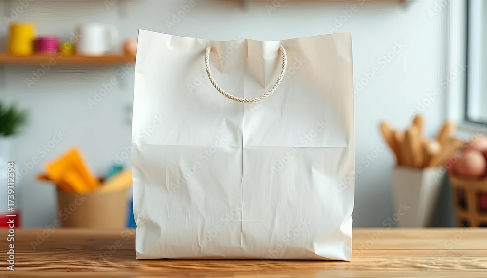 Plain white paper grocery bag, unblemished, sitting on a wood surface ...