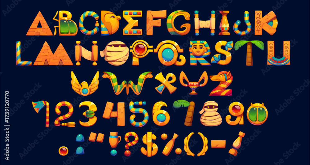 Cartoon Egyptian font or ancient pharaoh typeface and mythology type ...