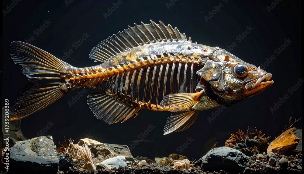 Prepared fish with exposed skeletal structure showing spine fins and ...