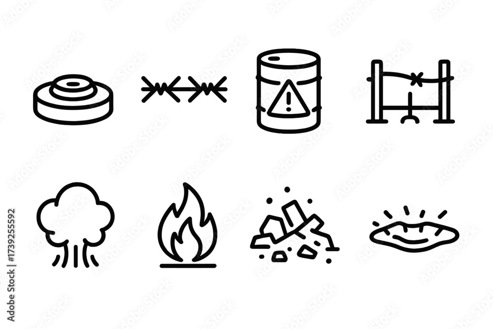 Battlefield Hazard Icons. Outline icon set of battlefield hazards ...