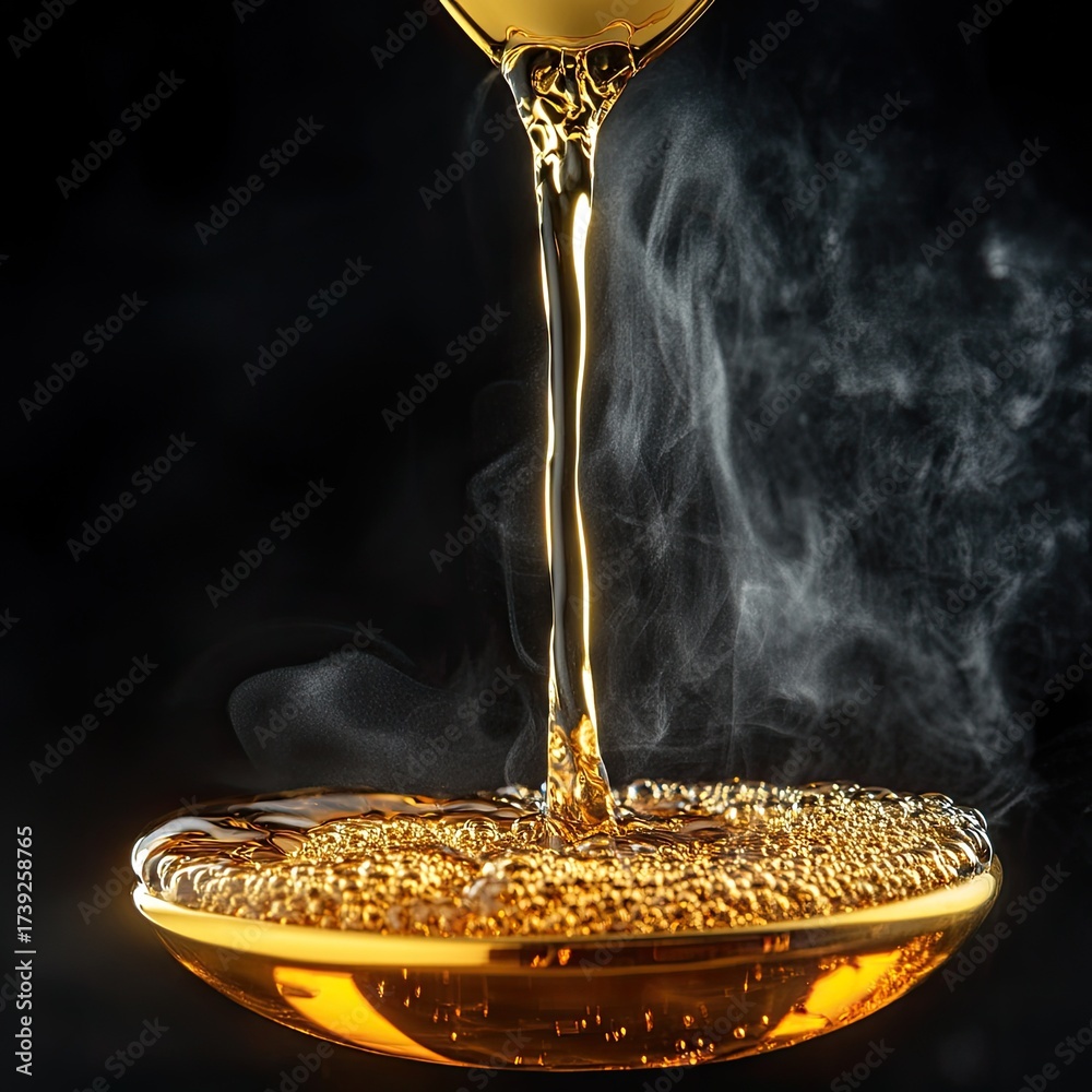 Liquid stream spills into a golden, frothy basin Stock Photo | Adobe Stock