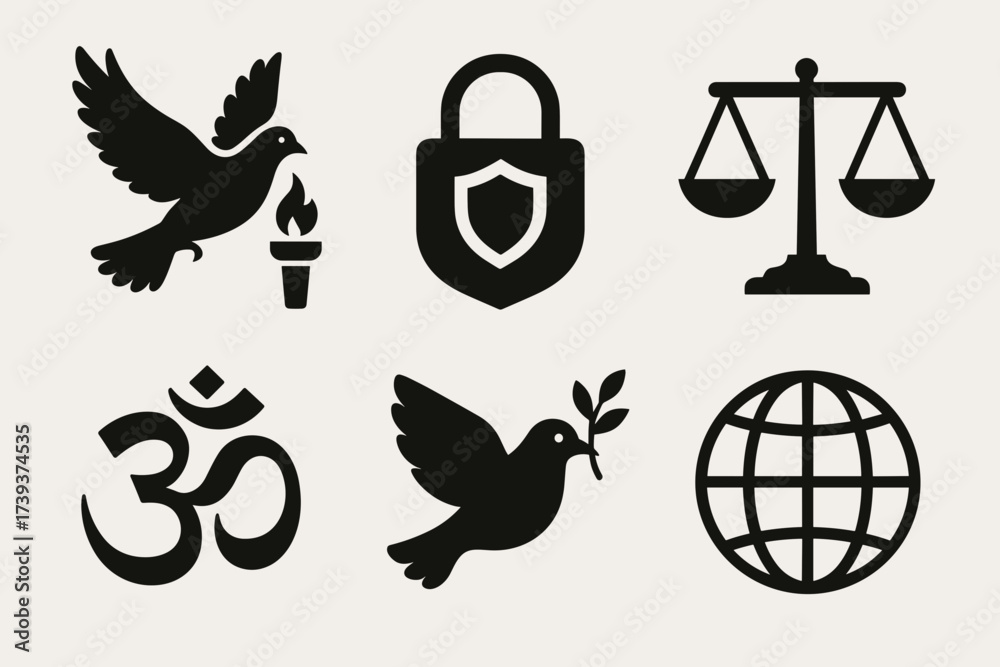 Peace and Harmony Symbols Set — Dove, Balance, Om, Globe, Freedom and ...